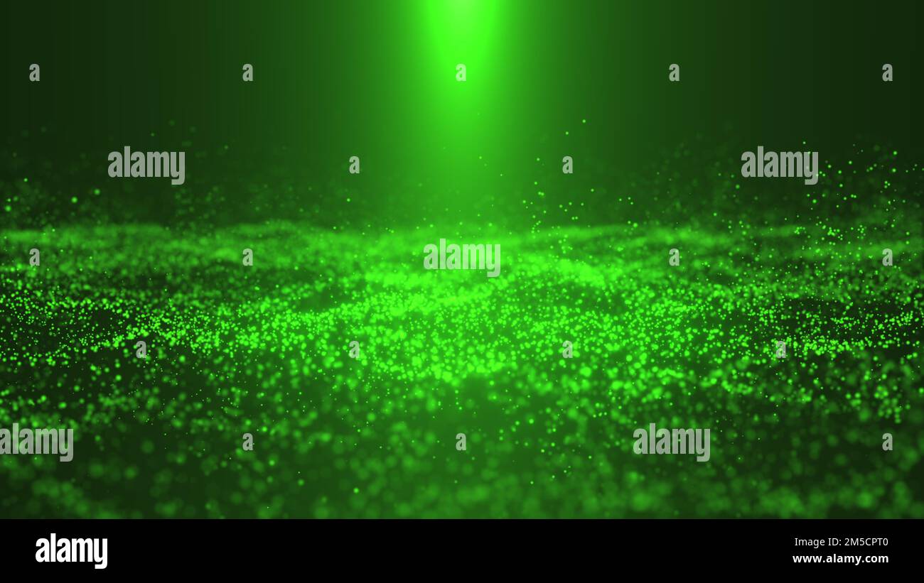 An abstract shaky oscillating surface of green particles. Chaotically ...
