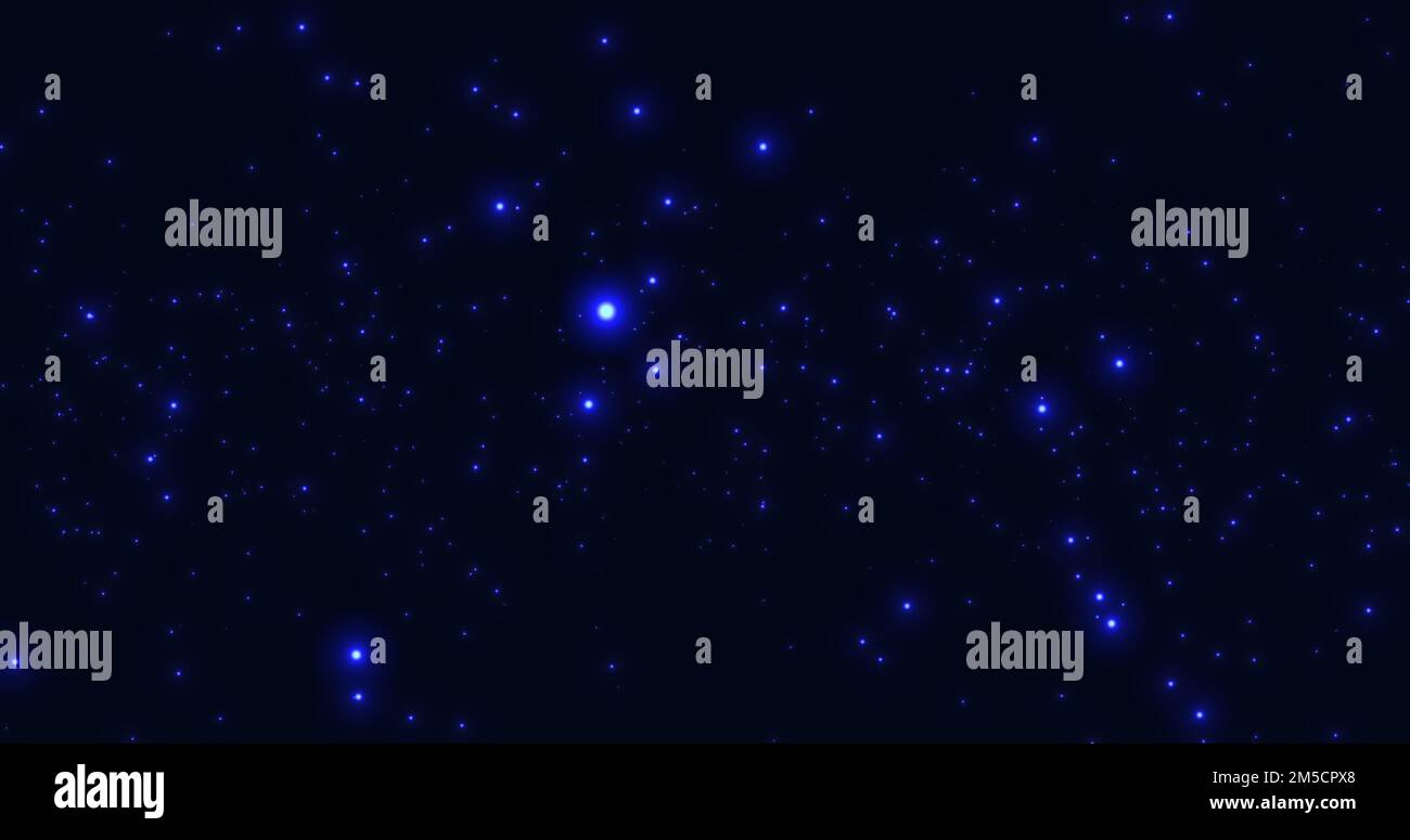 Luminous blue particles moving in space on a blue background. An ...