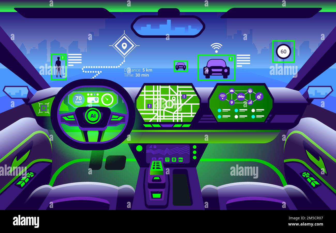 Autonomous smart car interior. Self driving at city landscape. Display ...