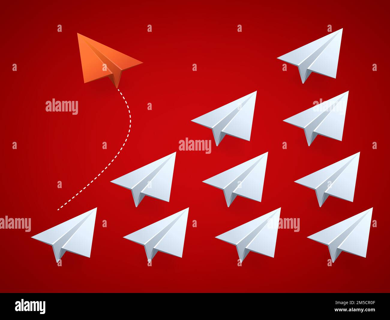 Red airplane changing direction and white ones. New idea, change, trend ...