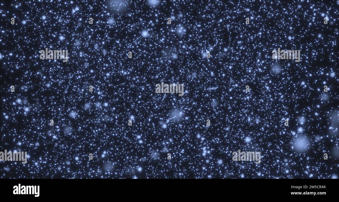 Many blue particles moving through space. Bokeh. Slow motion of ...