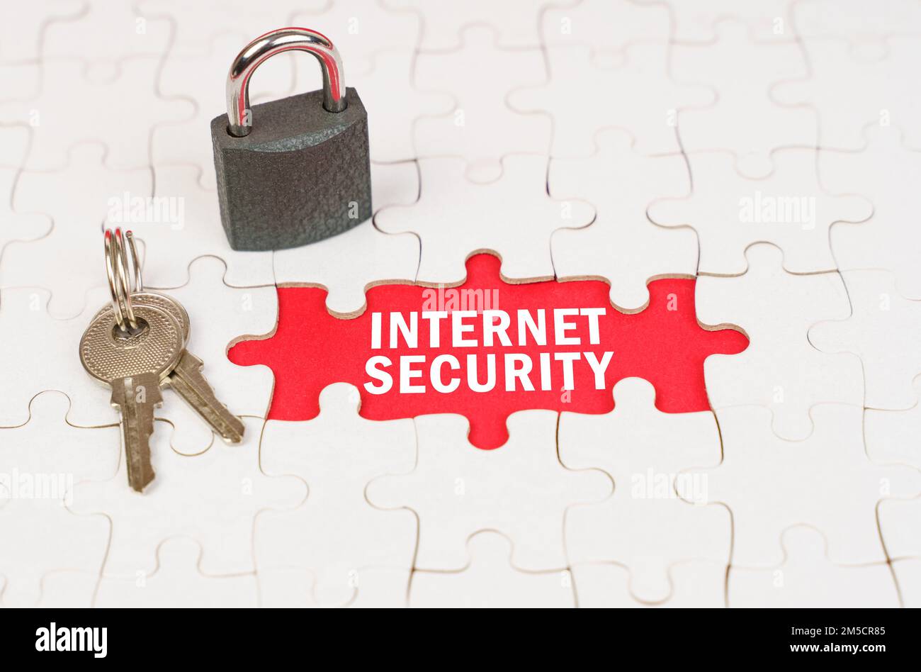 Business and security concept. On puzzles there is a lock and keys, on ...