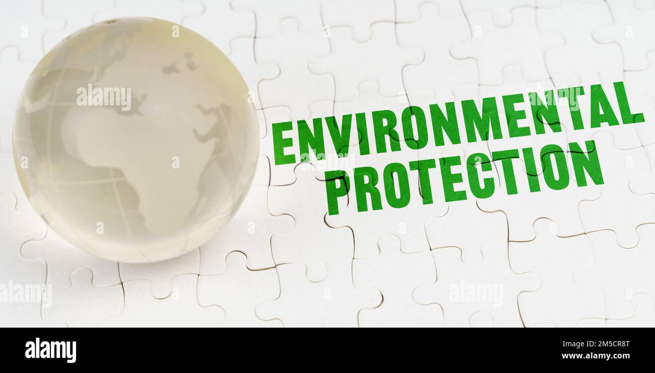 Ecological concept. On white puzzles there is a glass globe and the ...