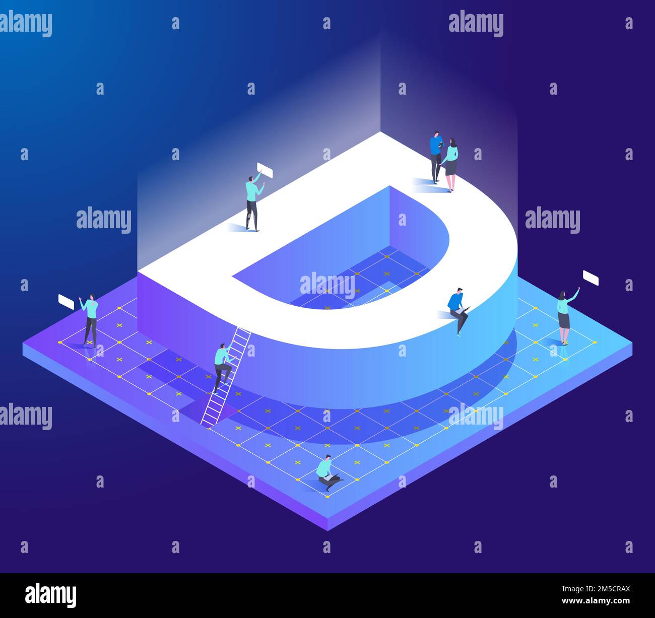 Isometric creative font. Letter D with small people. Design for ...