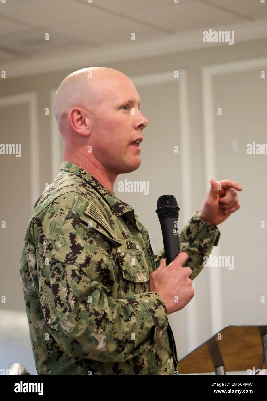 Command Master Chief Ryan Murray, Center for Security Forces, provides ...