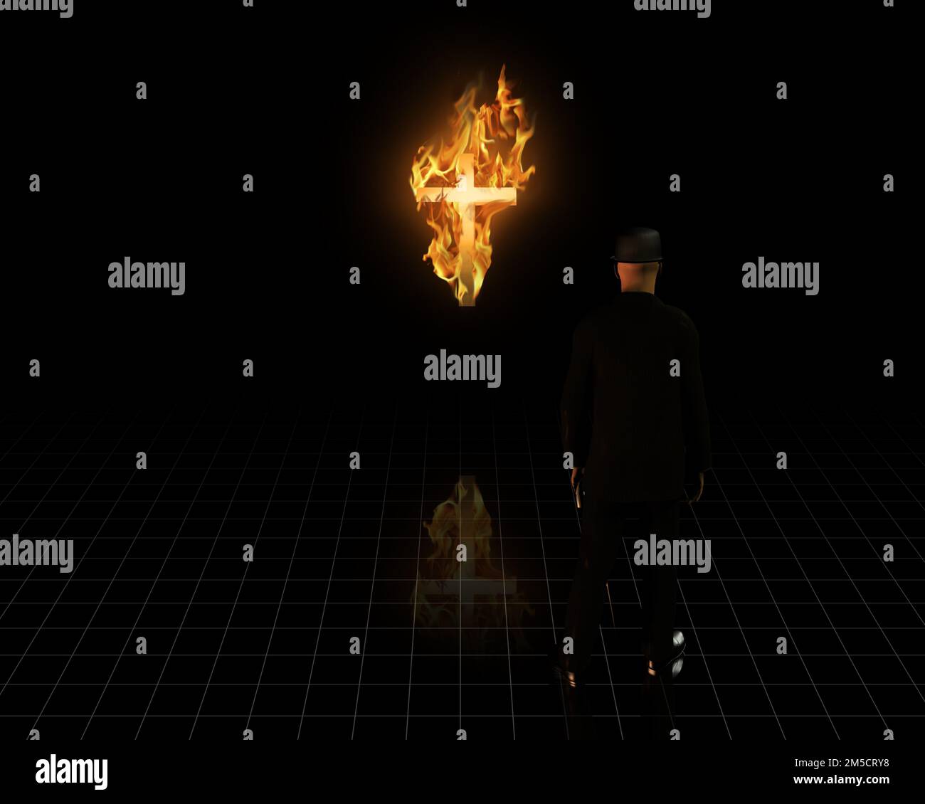 Burning Cross in the Dark is Viewed by Man. 3D rendering Stock Photo ...