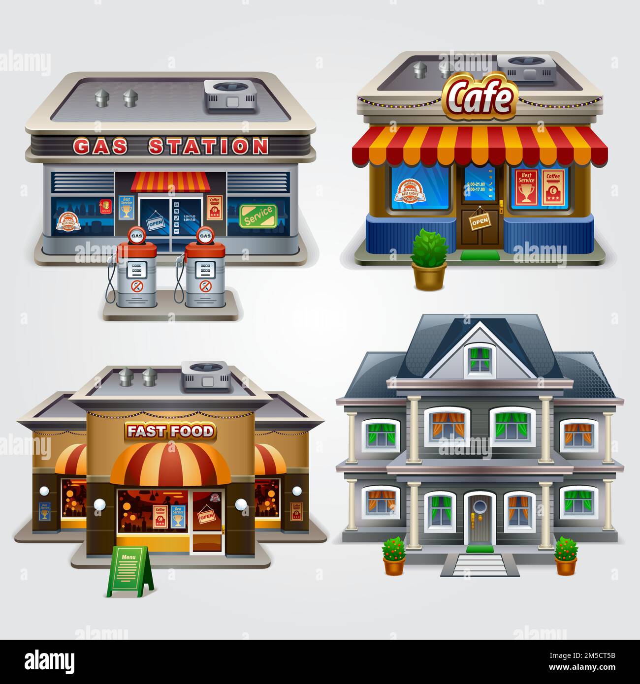 Vector illustration of store, gas station, cafe, fast food and house ...