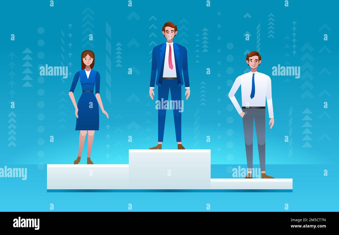 Business competition winner. People standing on the podium on the first ...