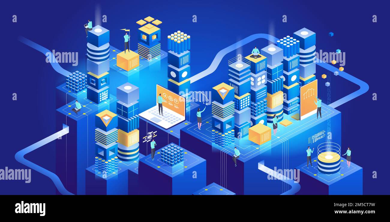Technology Isometric Concept Data Network Management Blockchain Cryptocurrency Elements