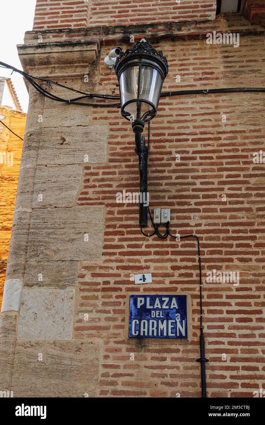 Plaza del Carmen Sign in the old neighborhood of Barrio del Carmen in ...