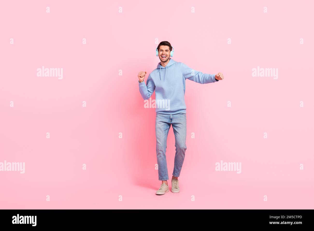 Full length size photo of funny young guy dancing excited rhythm ...