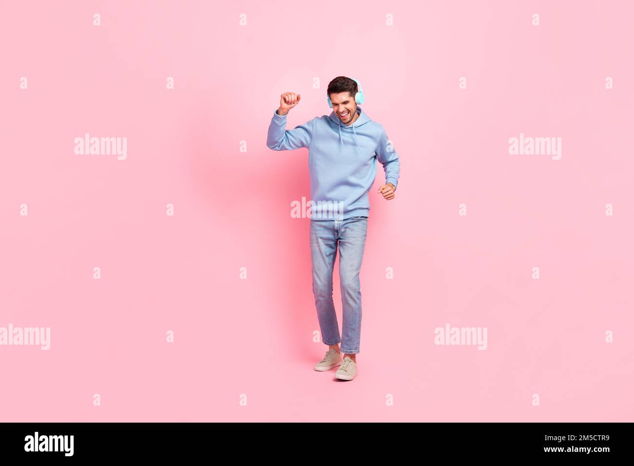 Full body length photo of youngster energetic funky guy listen his new ...