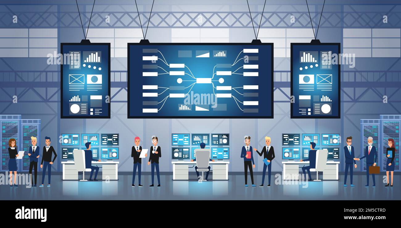 People working and managing IT technology control center. System ...