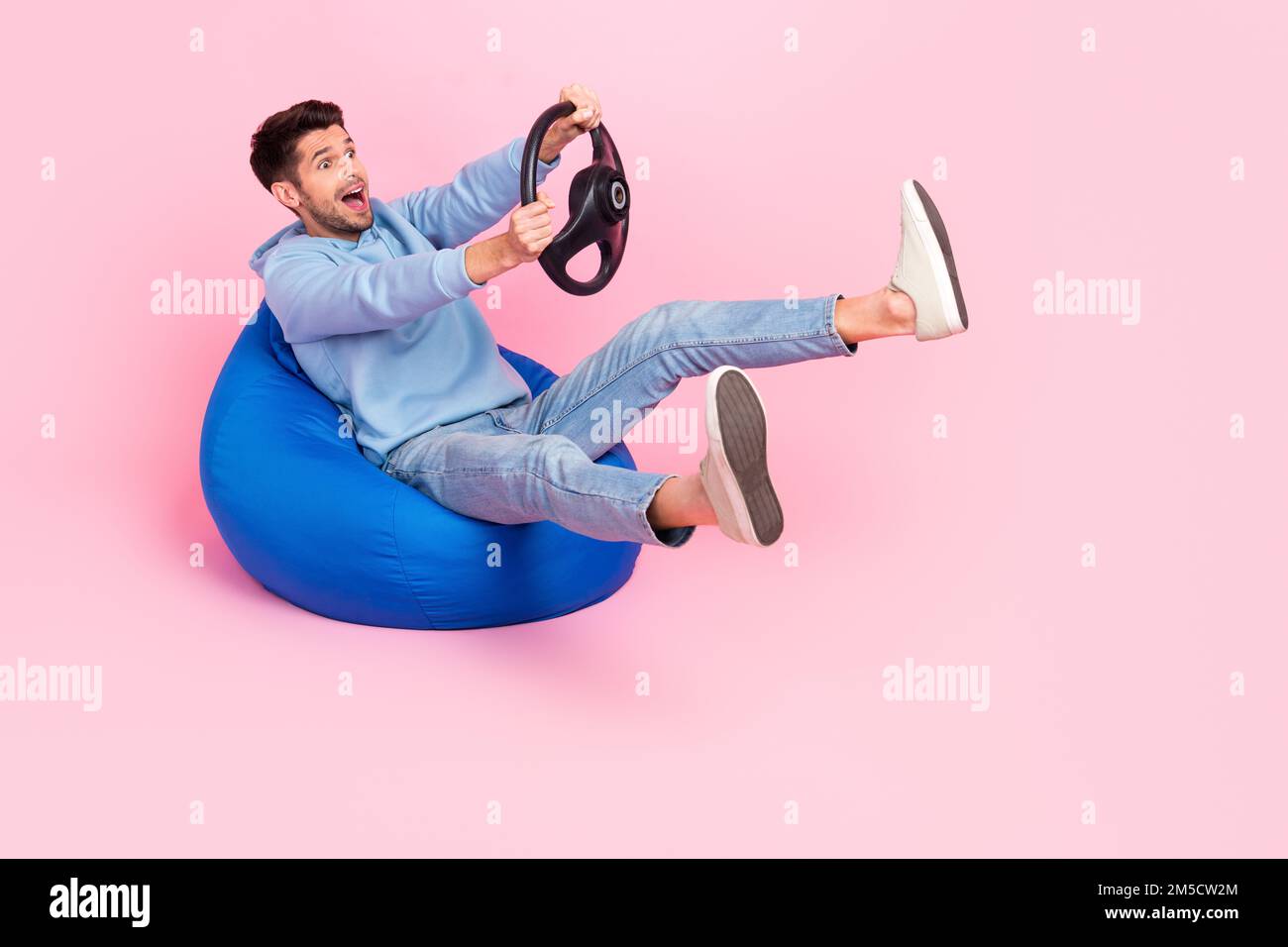 Photo of afraid scared man impressed speed new car fast transport raise ...