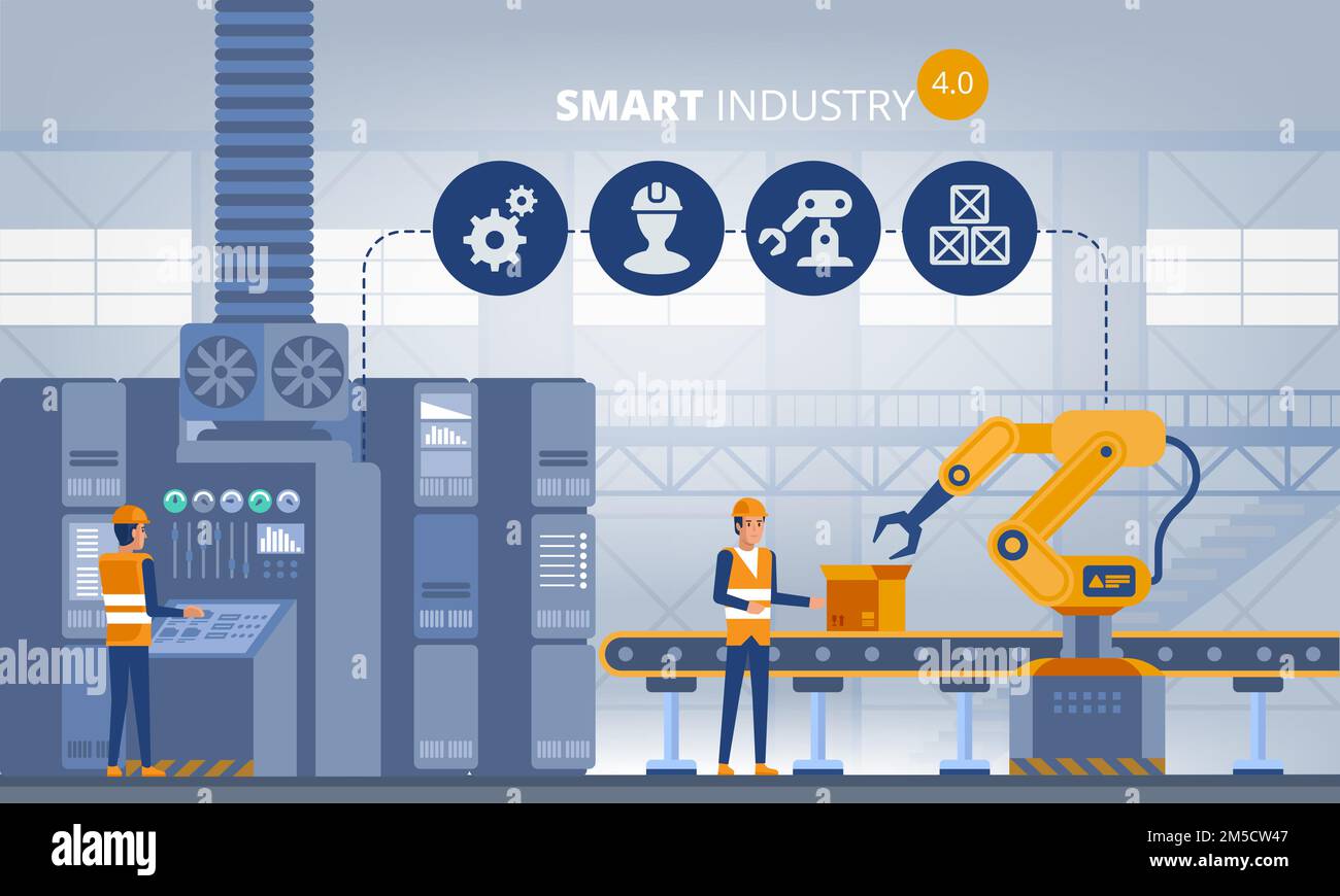 Industry 4.0 Smart factory concept. Workers, robot arms and assembly line. Technology vector ...