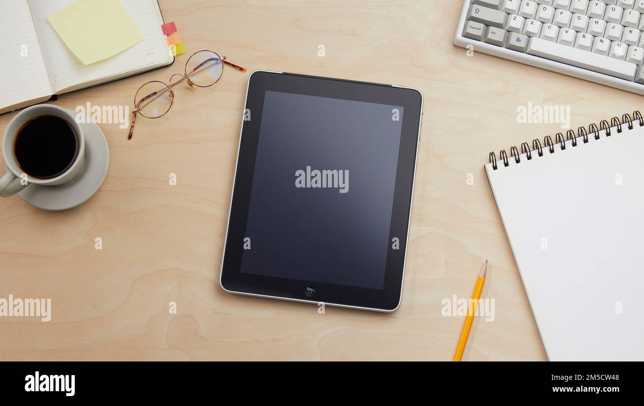 Assorted office supplies on the desk Stock Photo - Alamy