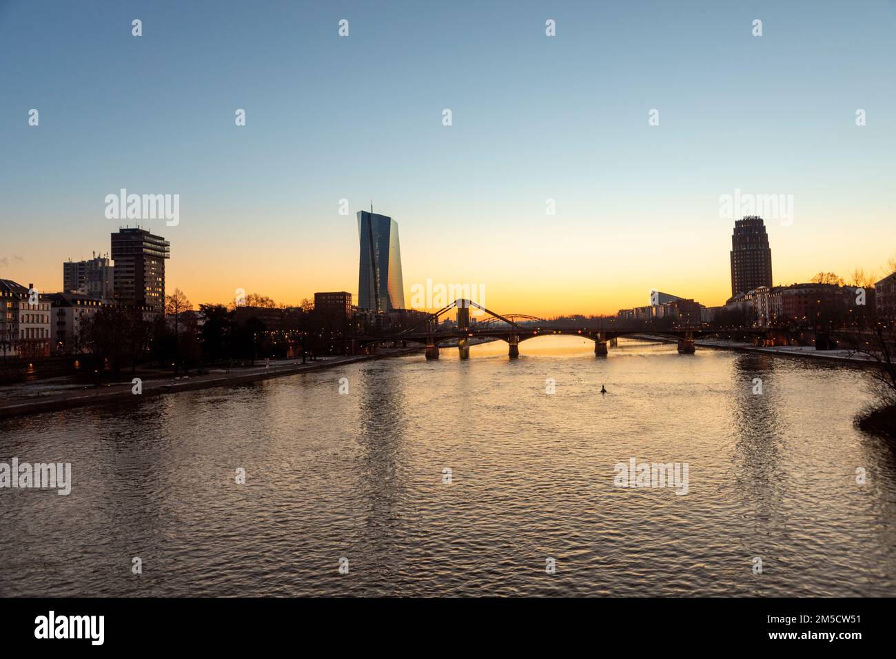 sunrise with view to skyline of Frankfurt with river Main, Germany ...