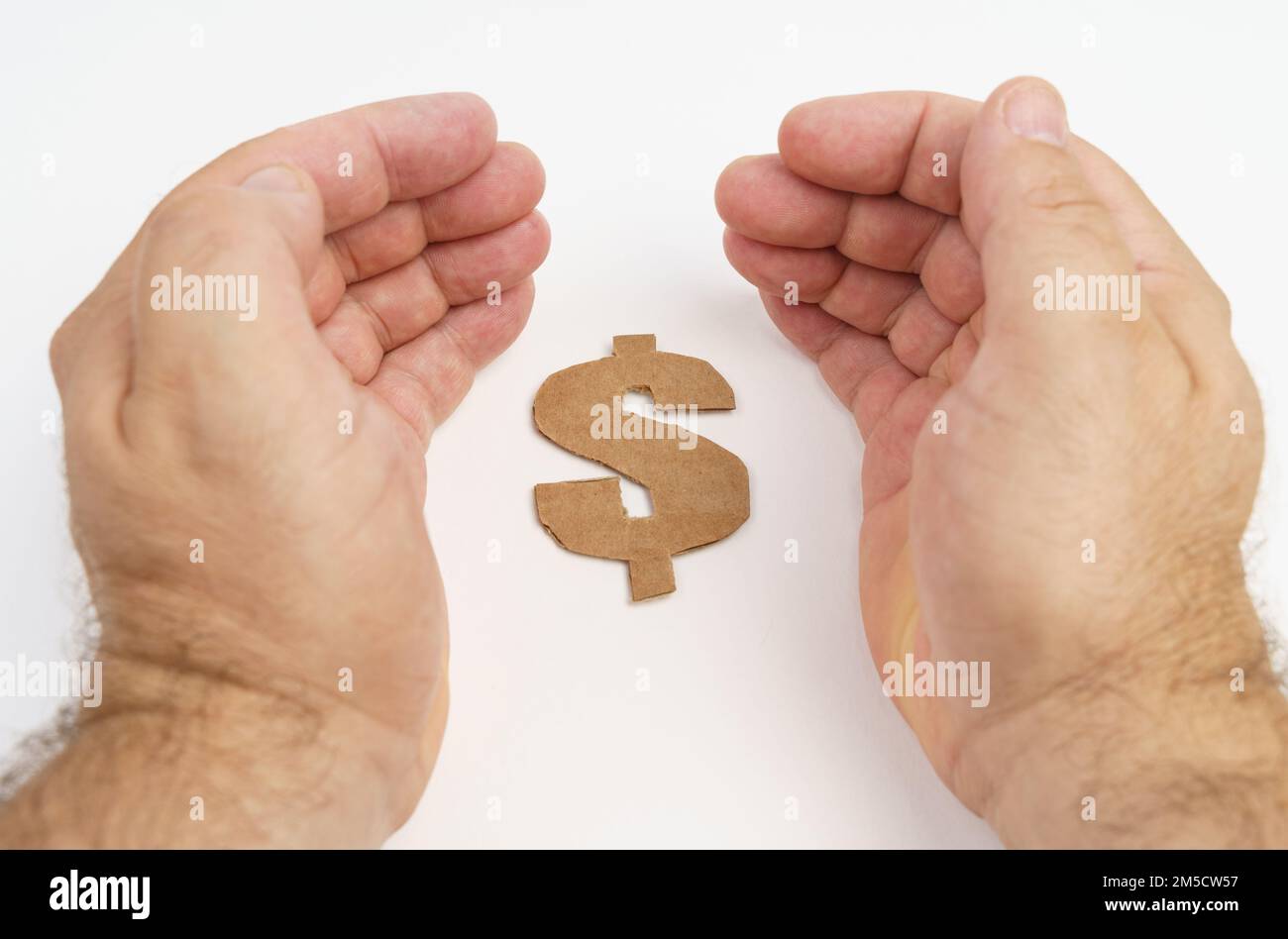 On a white background, the symbol of the dollar, human hands protect it ...