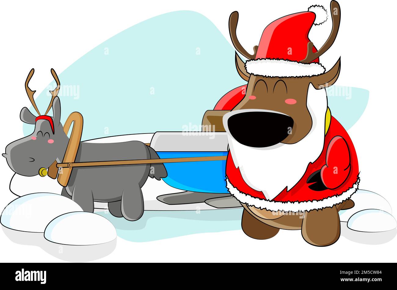 A cheerful deer dressed up as Santa Claus and is going to spread gifts ...