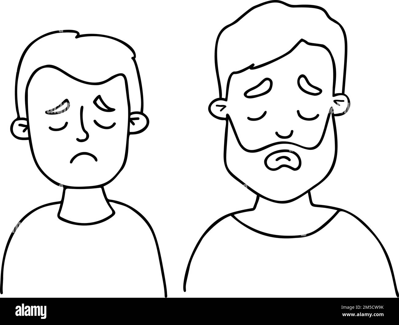 Sad male portraits faces of father and son. Vector Outline drawings ...