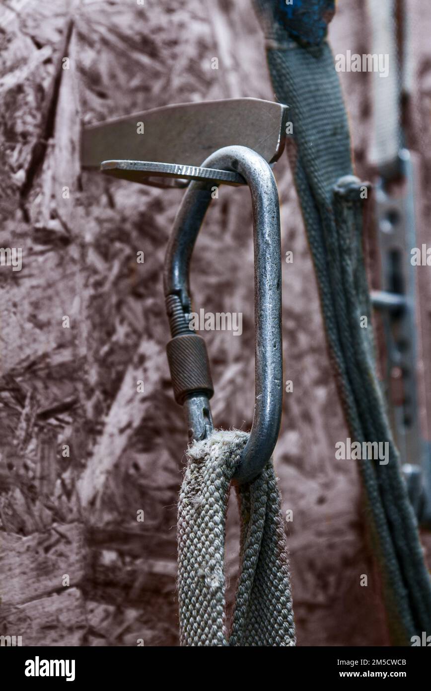 Old climbing carbine on the rock, close-up Stock Photo - Alamy