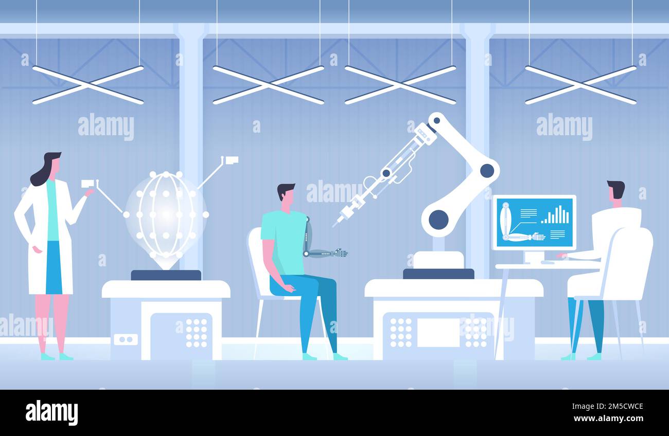 Man with bionic arm. Artificial hand. Science lab. Future medicine ...