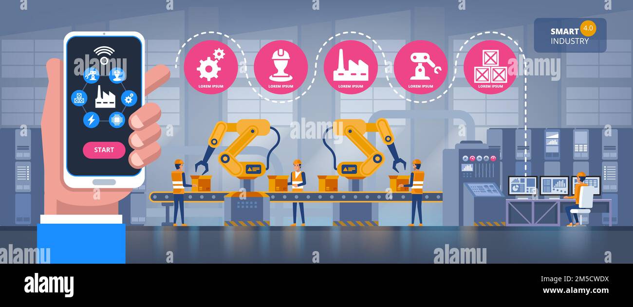 Smart factory. Industry 4.0 monitoring app on a smartphone and smart automated production line ...