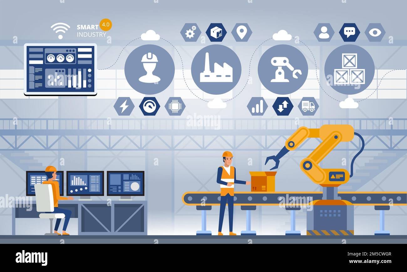 Industry 4.0 Smart factory concept. Workers, robot arms and assembly ...