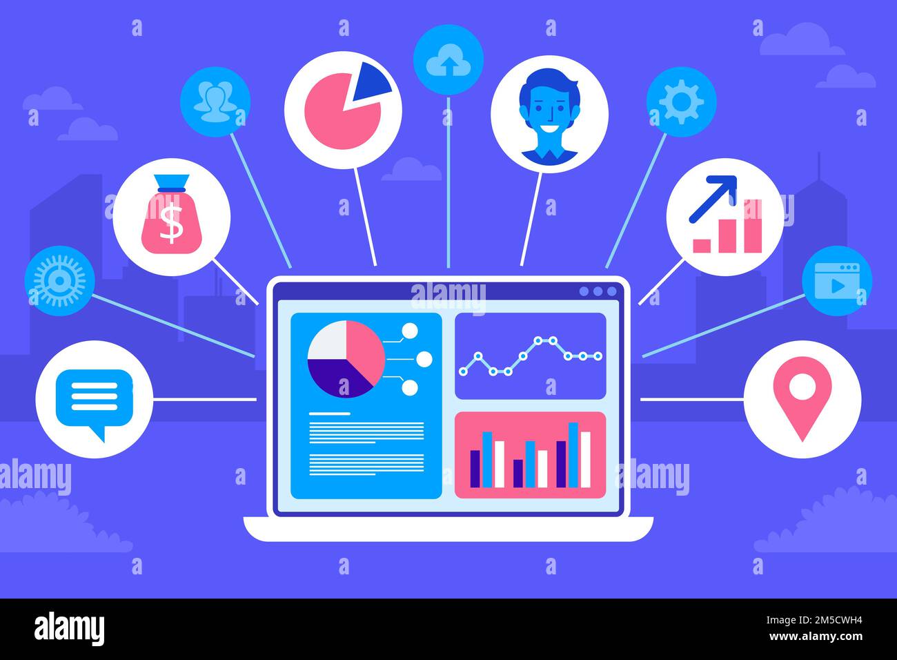 CRM concept design. Flat icons of accounting system, clients, support, deal. Organization of ...