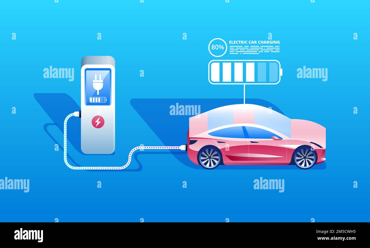 Vector illustration of a red electric car charging at the charger ...