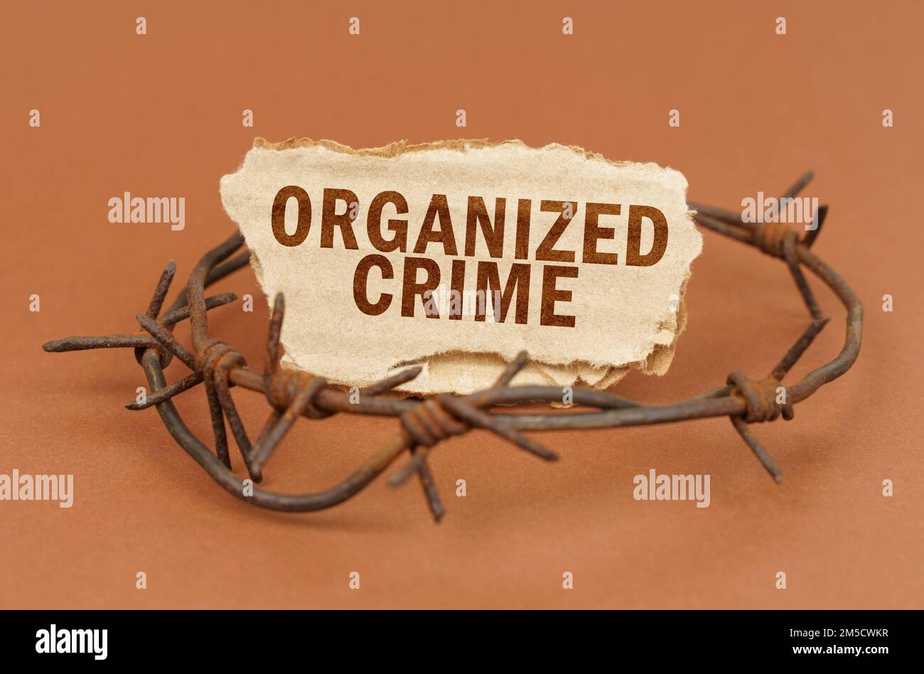 The concept of law and crime. On a brown surface, barbed wire and a ...