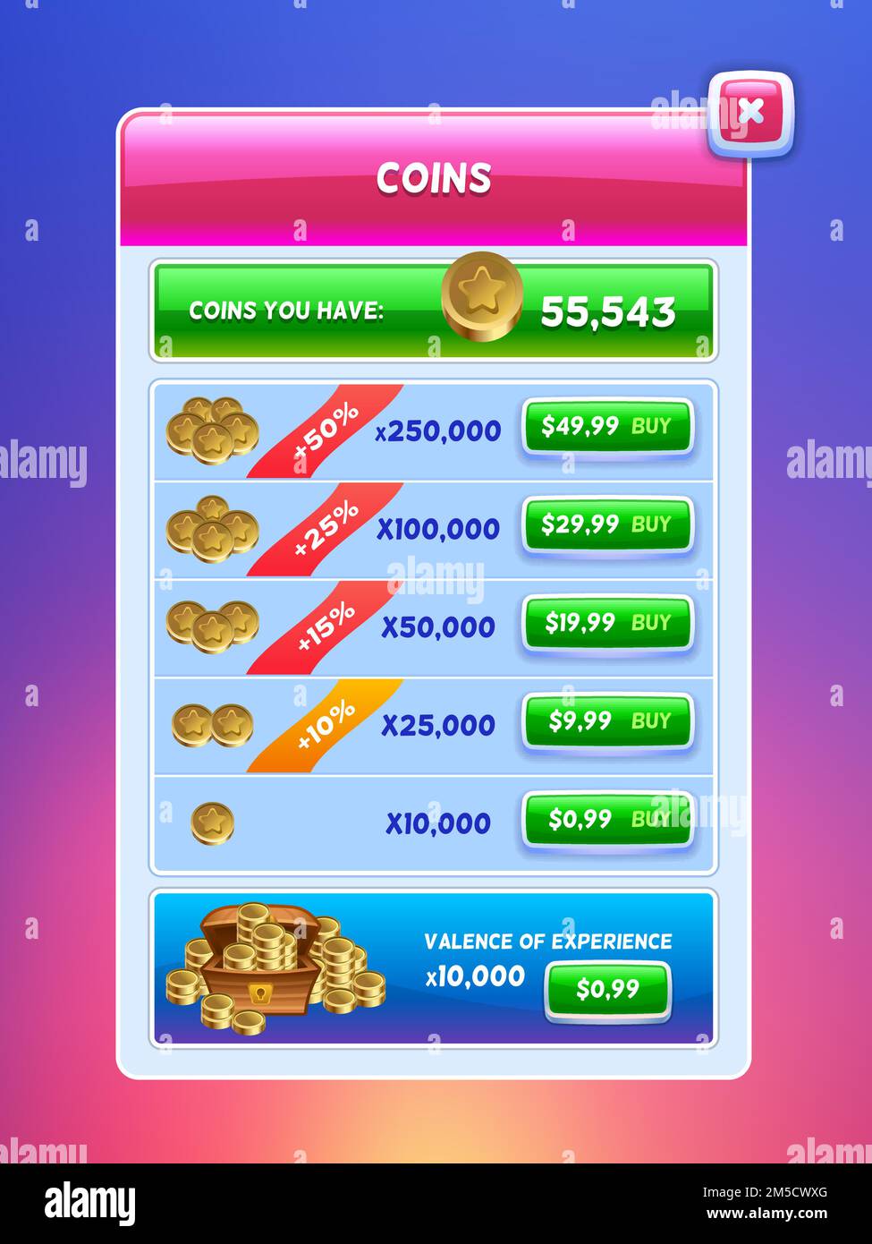 Game UI. Virtual currency bank screen. Creative concept vector interface game design Stock ...