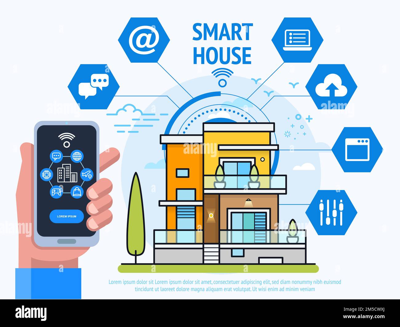 Smart House Technology Concept. Human hand holding smartphone with ...