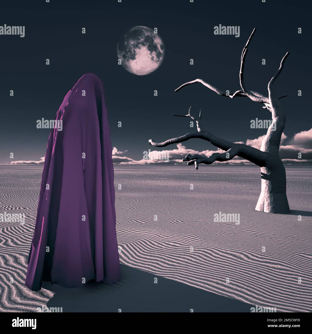 Surreal art. Figure in purple cloak stands in the deser. 3D rendering ...
