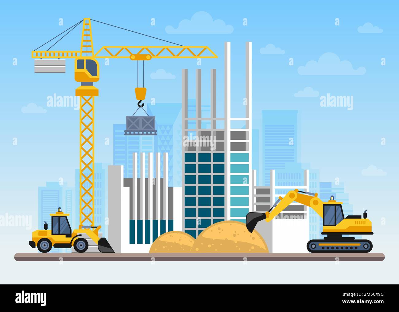 Construction site Building a house with cranes and machines Vector flat ...