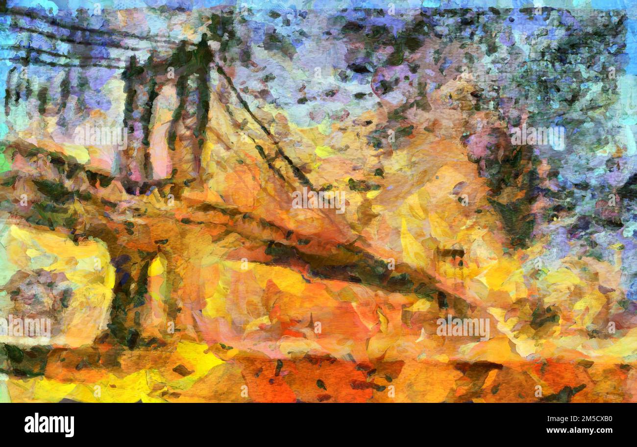Manhattan bridge. Digital painting in muted colors. 3D rendering Stock ...