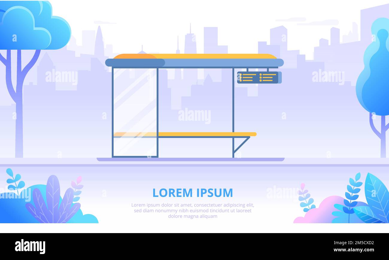 Bus stop flat banner vector template. Empty urban road cartoon ...