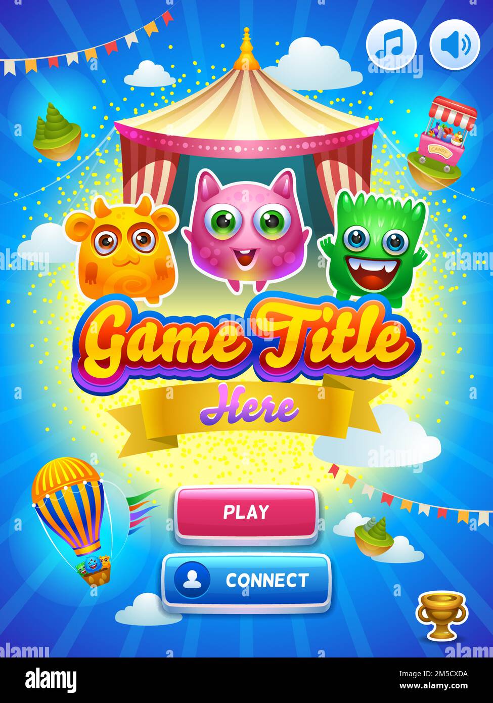 Game UI. Main screen. Creative concept vector interface game design. Cute tiny monsters Stock ...