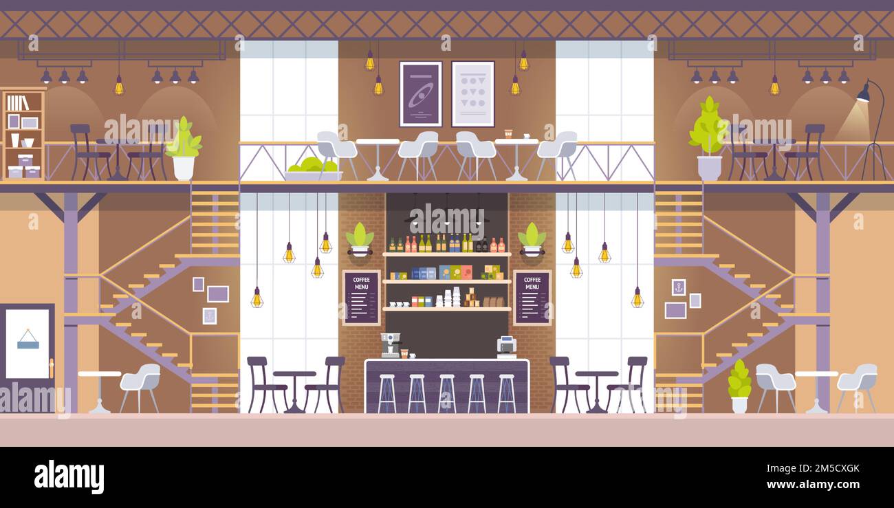 Modern cafe interior in loft style. Empty no people. Restaurant flat ...