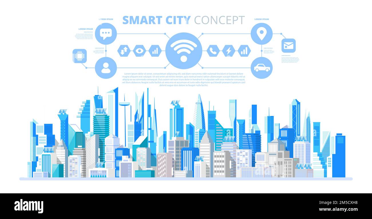 Smart city with smart services and icons, internet of things, networks ...
