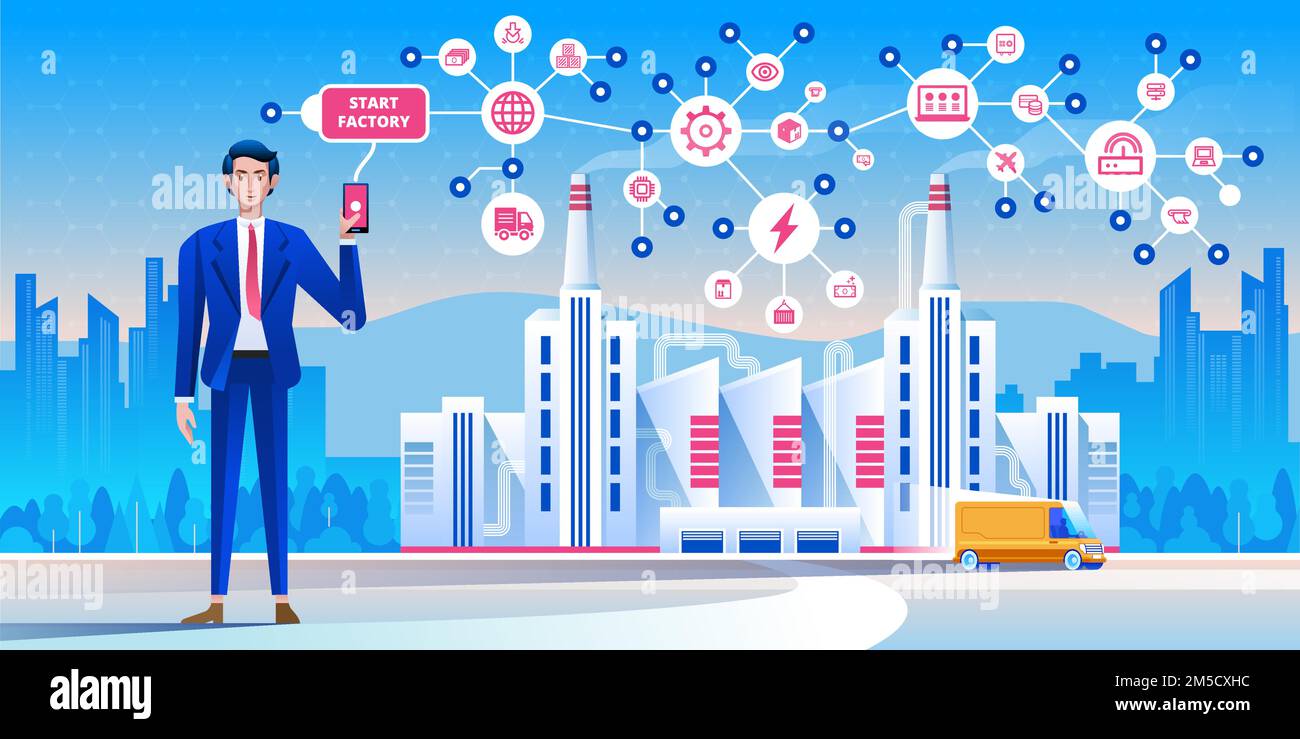 Smart industry 4.0. Man connecting with a factory using smartphone and ... Smart industry 4.0. Man connecting with a factory using smartphone and ...