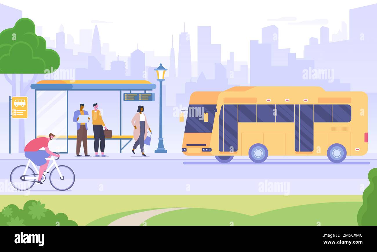 Bus stop flat vector illustration. People waiting for bus, man riding ...