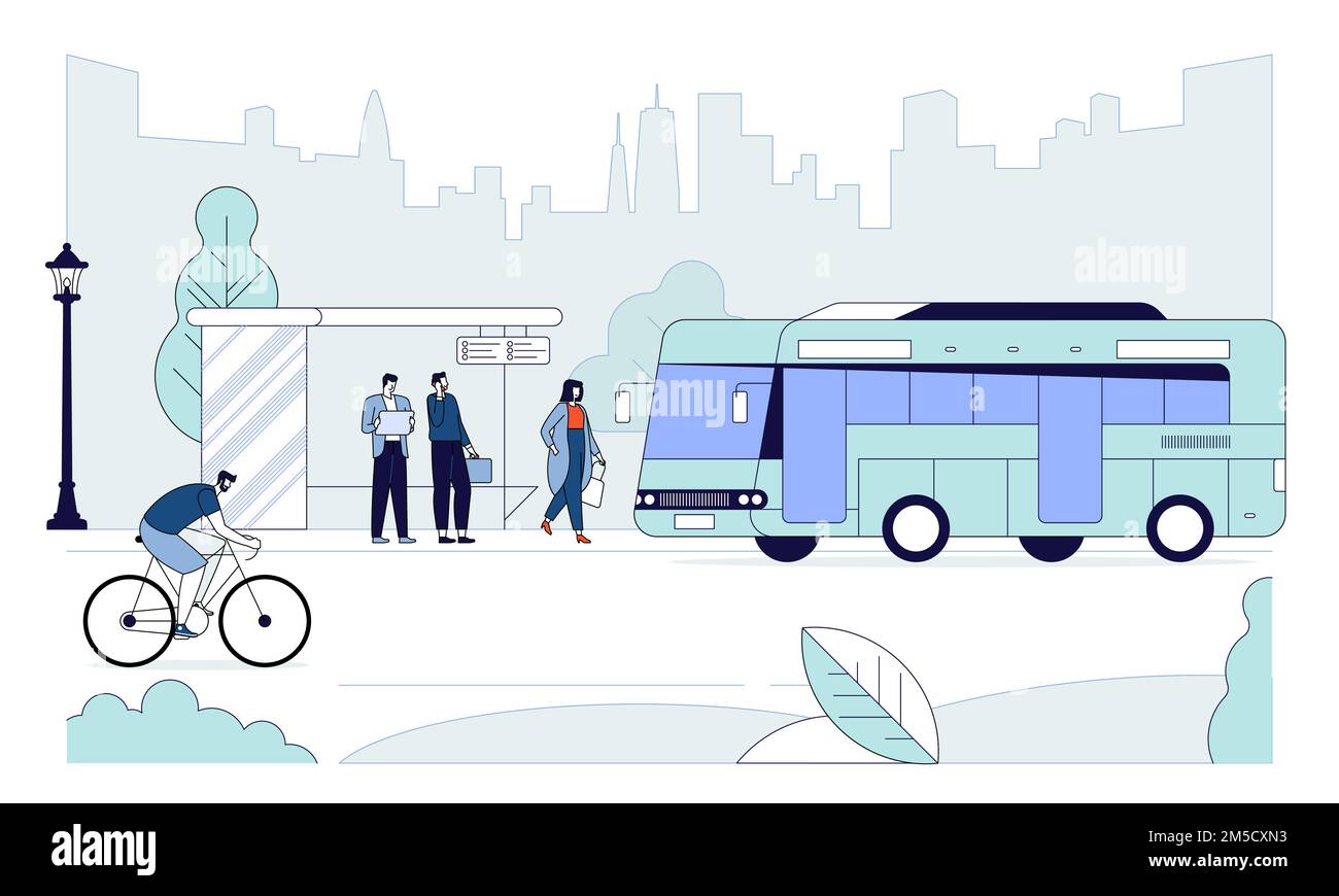 Bus stop flat vector illustration. People waiting for bus, man riding ...