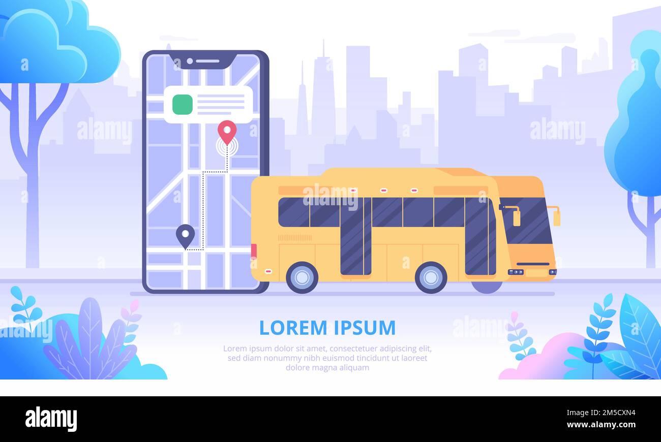 City bus and map app flat banner vector template. Cartoon mobile phone ...
