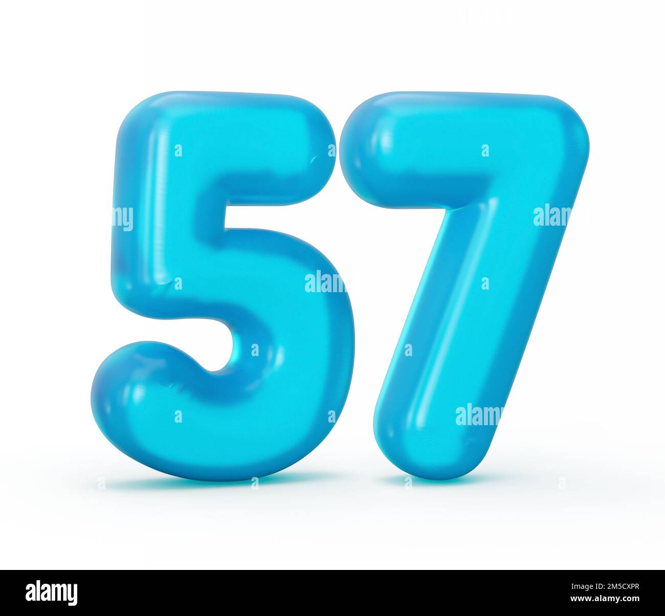 A 3D illustration of the Blue jelly digit Fifty Seven isolated on white ...