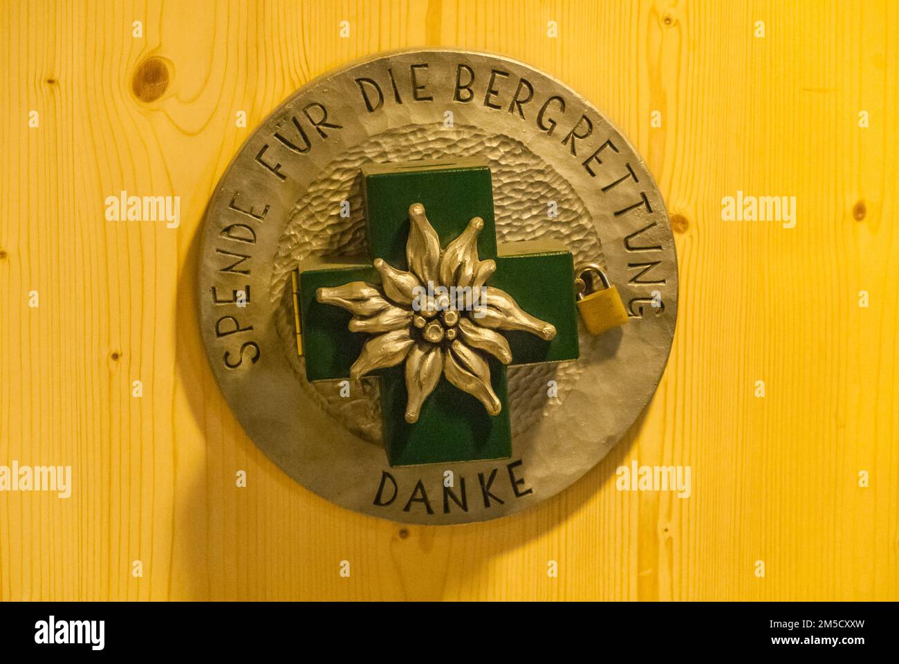 The image is of the mountain rescue collection box at the German Alpine ...