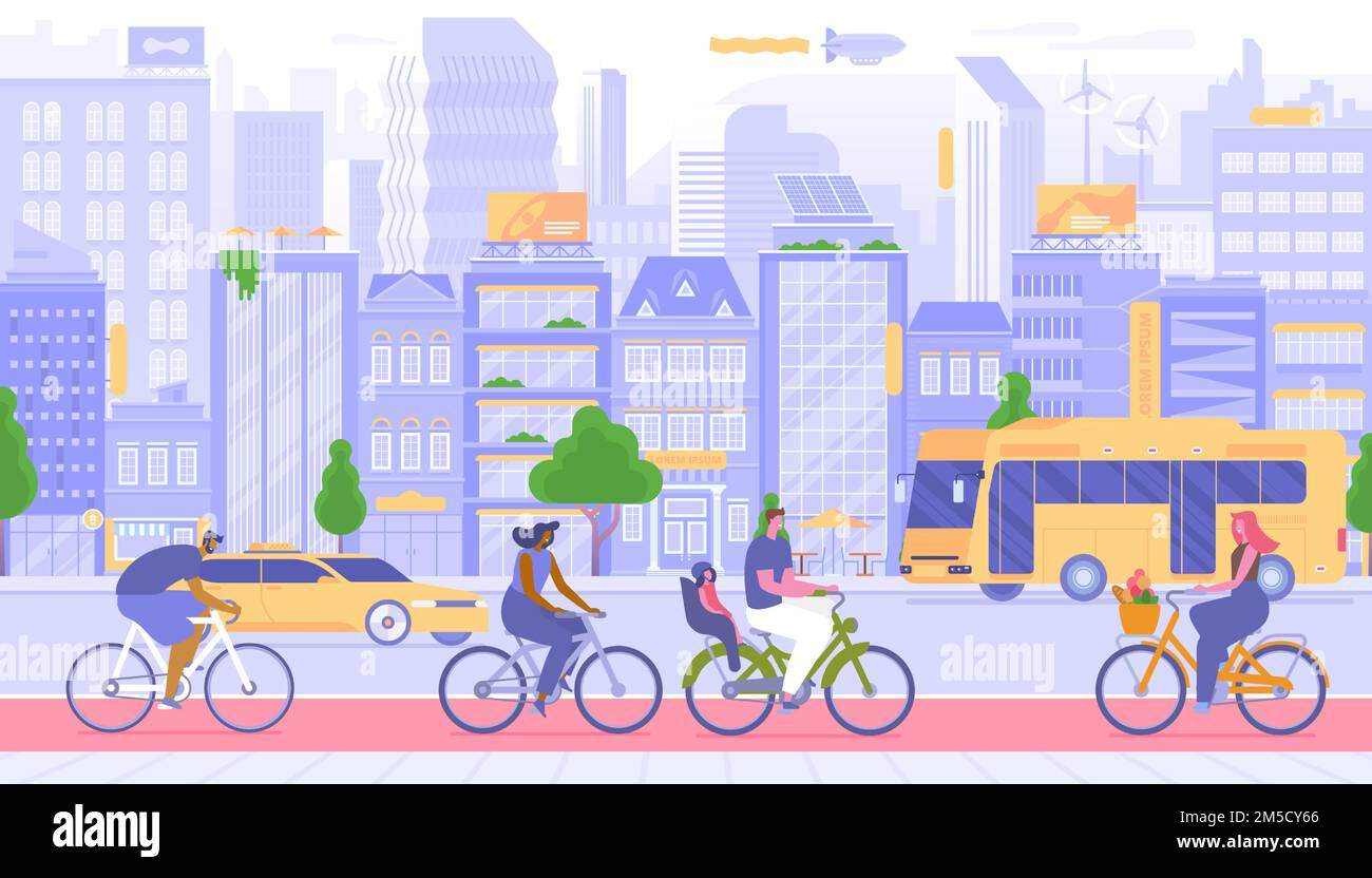 Urban transport, city travel vector illustration. Happy people on ...