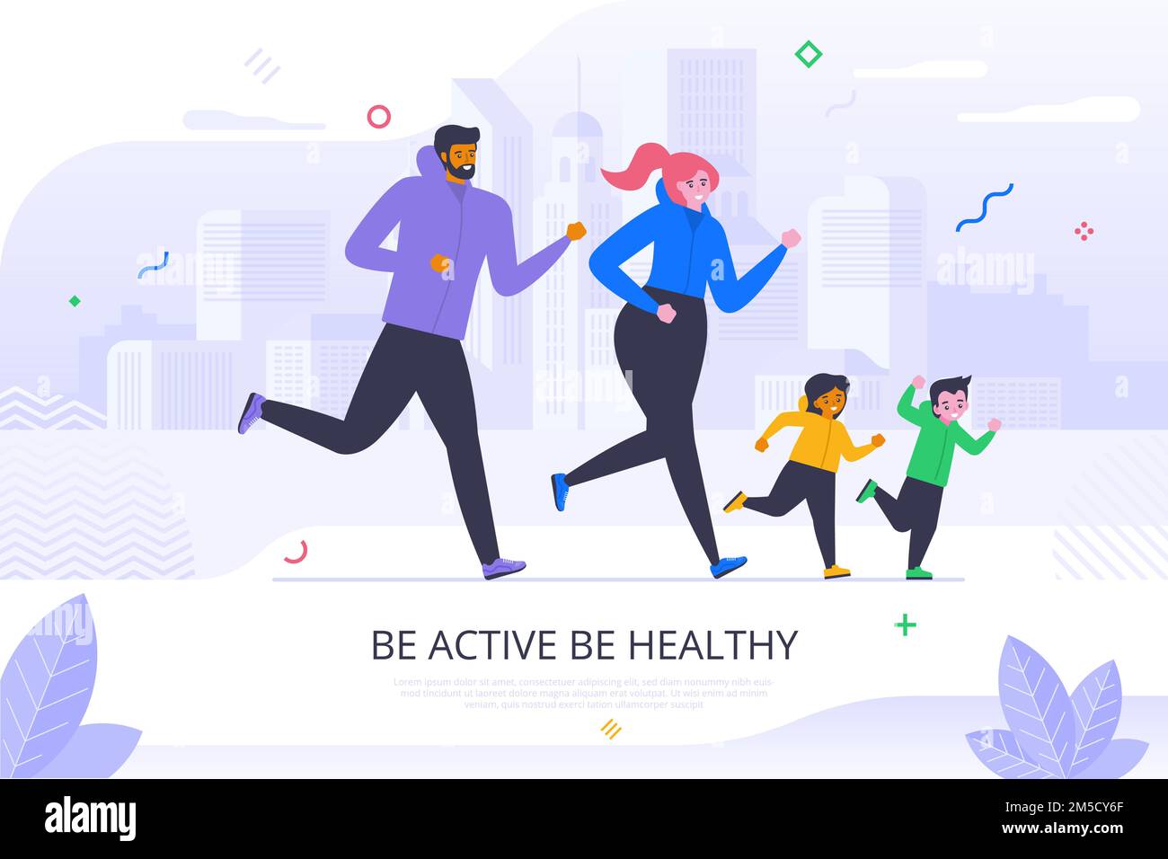 Be active and healthy flat banner vector template. Adults and kids in ...