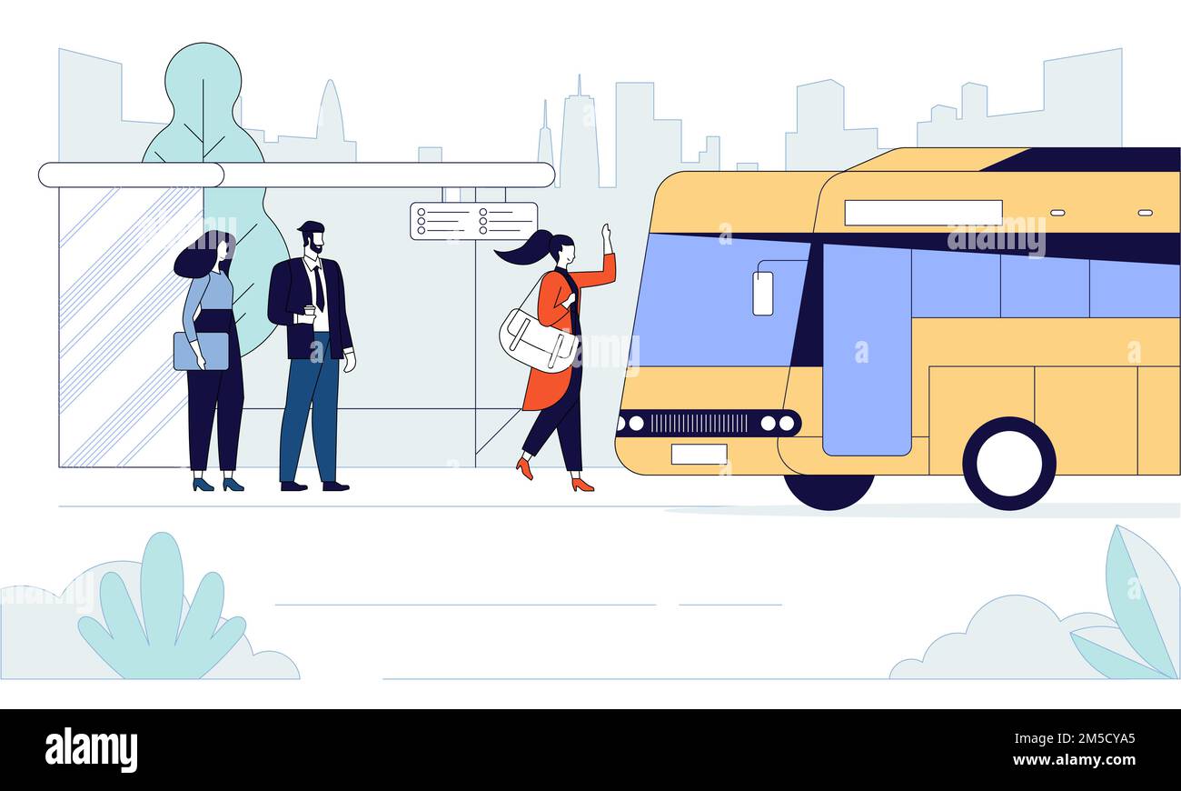 Passengers at bus stop flat banner vector template. Commuters waiting for autobus cartoon ...