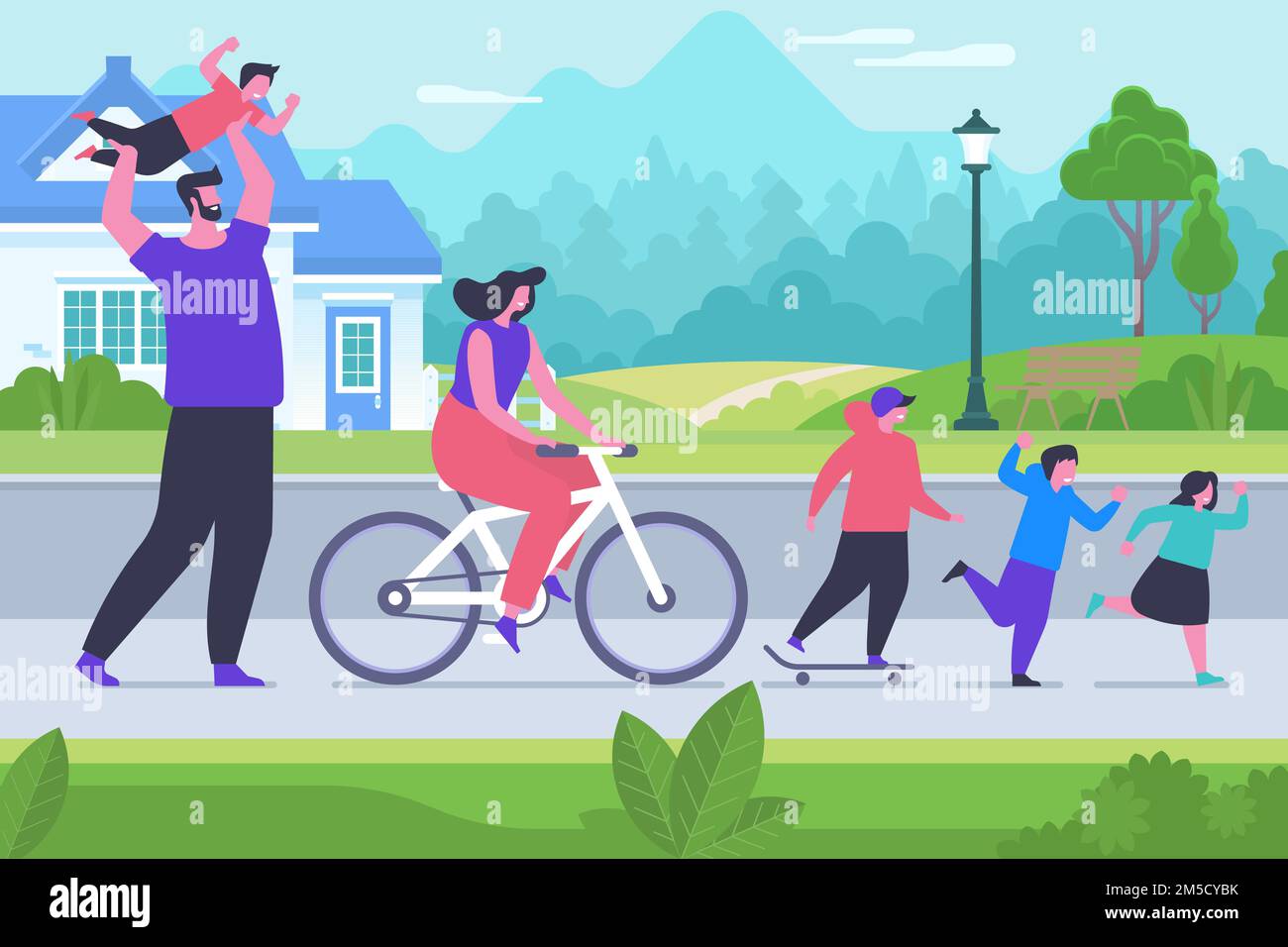 Outdoor family rest flat vector illustration. Happy mother, father ...